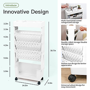 5-Tier Plastic Mobile Bookshelf with Wheels, Desk Organizer Document Folder File Storage with Pen Holder,Rolling Book Cart Movable Bookshelf for Office, Dorm, Classroom,Library, Living Room (White)