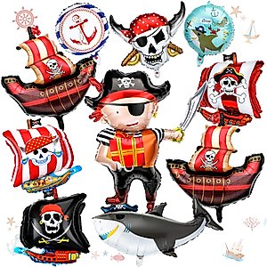 10 Pcs Pirate Ship Foil Balloons Pirate Birthday Party Supplies Pirate Party Decorations Ocean Birthday Decorations Pirate Balloons Pirate Ship Skeleton Shark Balloon for Birthday Party Supplies