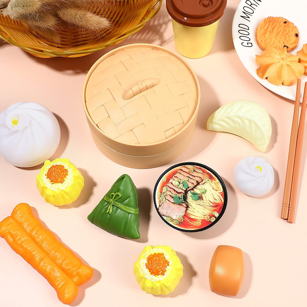 Play Food 26pcs Pretend Play Toy Asia Dim Sum Set Steamer Buns Chinese Breakfast Toy for Kids Food Kitchen Set Cooking Dish Asia Tea Time Birthday Gift, Style Random