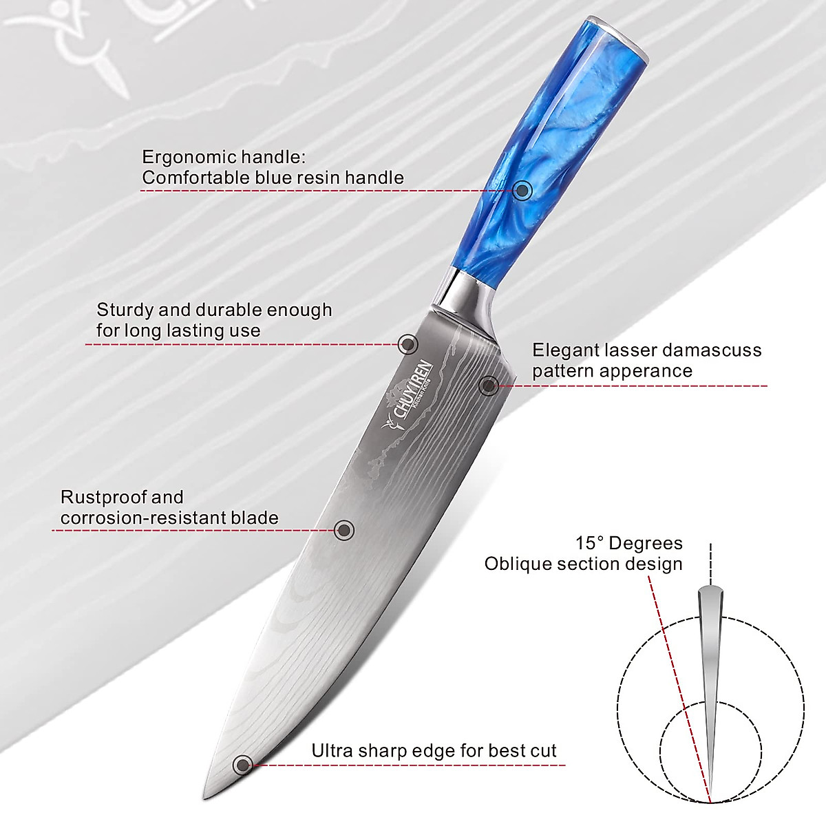 CHUYIREN Chef Knife Set of 8, Professional Kitchen Knife Set for Daily Use, High Carbon Steel Culinary Knives Set for Household Blade Length Varies From 3.5 Inches to 8 Inches, Blue, Valentines Day