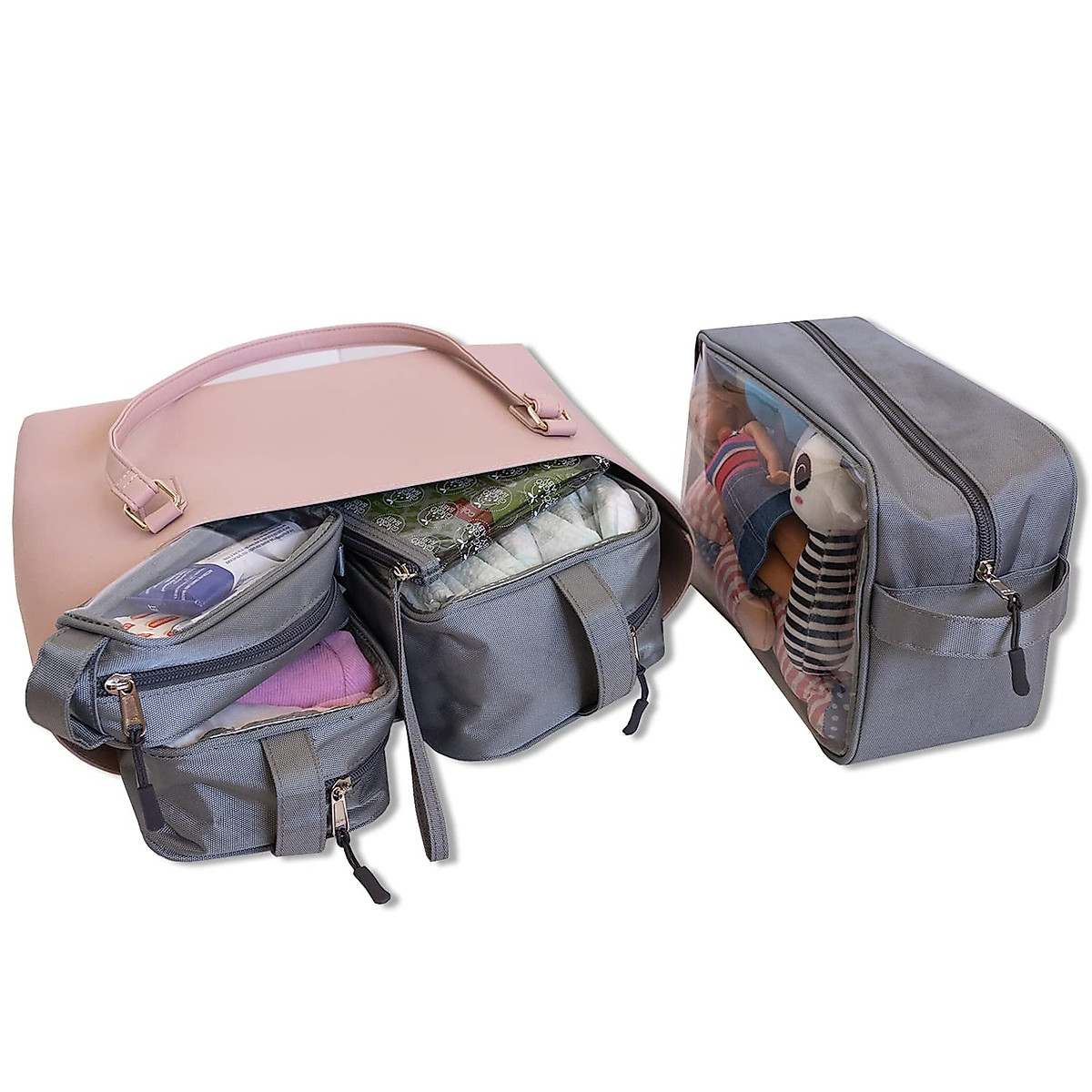 Gingko Baby Supa Tough Diaper Bag Organizing Pouches Set of 5 - Premium Quality Clear Organizer Inserts - Versatile Wipe Clean Baby Packing Cubes - Nursery and Travel Organization (Silver Grey)