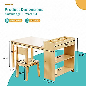 Kids Art Table, Wooden Kids Craft Table for Playroom, Kids Activity Table with 2 Chairs, 4 Storage Baskets, 2 Rows of Storage Racks and Paper Rolls (Wood)