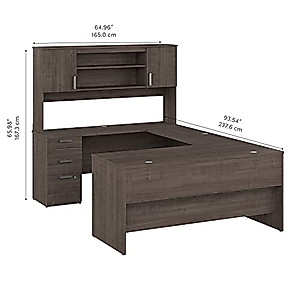 Bestar Ridgeley U Shaped Desk with Hutch in Medium Gray Maple, 65W