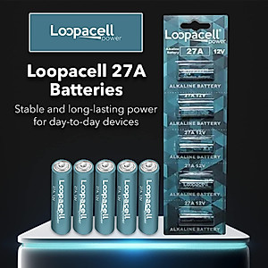 LOOPACELL 27A 12V Alkaline Battery (Pack of 5) - Long Lasting, Leakproof MN27 Battery for Garage Door Openers, Key Fobs, Heated Socks, Ceiling Fan Remote Control, Alarm Remote Control & More