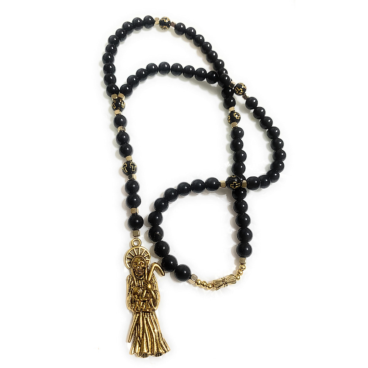 Acrylic Holy death's necklace, rosary style. Collar de la Santa Muerte de acrilico estilo rosario. Grim reaper Y style necklace.
