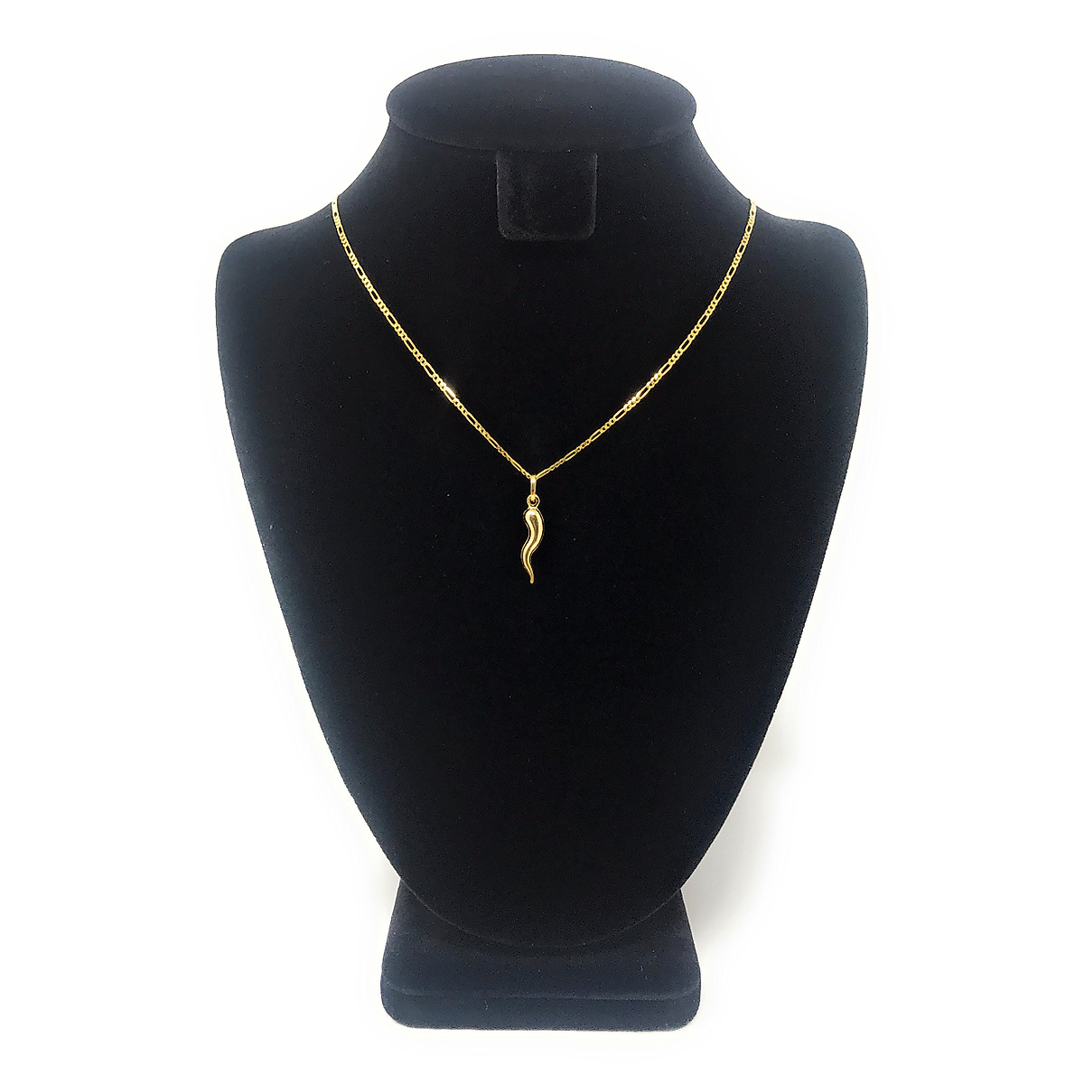 14K Yellow Gold Cornicello Italian Horn Necklace Good Luck Charm Pendant with 1.9mm Figaro 3+1 Chain - 16"