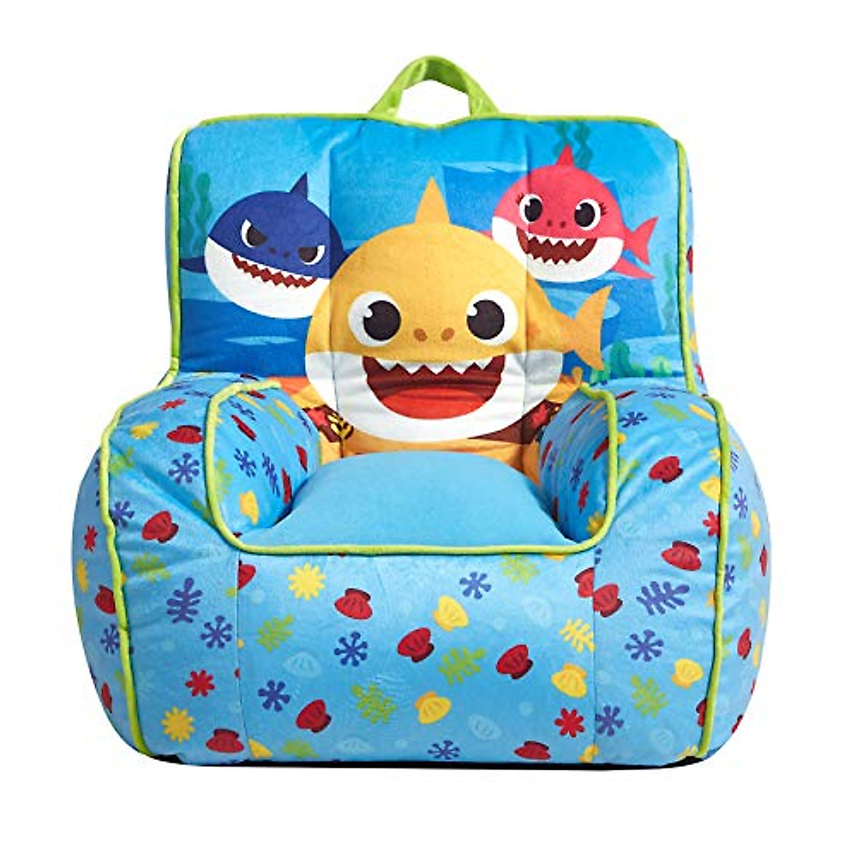 Idea Nuova Baby Shark Kids Mink Plush Bean Bag Chair with Piping & Top Carry Handle, Large