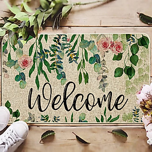 ORTIGIA Welcome Doormat Spring Summer Eucalyptus Leaves Floral Doormat Outdoor Outside Indoor Entrance Mat Non-Slip Durable Absorbent Easy Clean Entryway 17x29.5 Inch