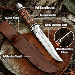 ZhengSheng 6.4 inches Fixed Blade Hunting Knife Genuine Leather Handle Bowie Knife with Leather Sheath Straight Edge Knife for Camping, Hiking, Survival