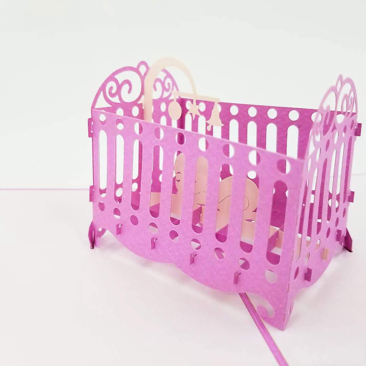 POP CARD EXPRESS Girl Baby Crib Pop Up Card, Pop Up Congrats Greeting Cards for Newborn Babies, Gifts for New Parents, Baby Shower Baby Crib Pop Up Card (Pink)