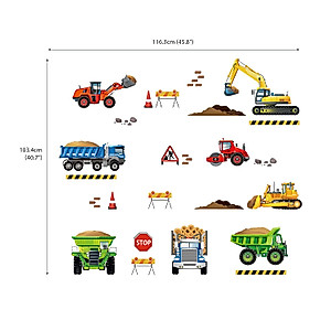 BASHOM BS-103 Large Construction Vehicles Wall Decals Excavator Tractor Truck Stickers for Kids Boys Baby Bedroom Nursery Playroom Living Room Art Decor