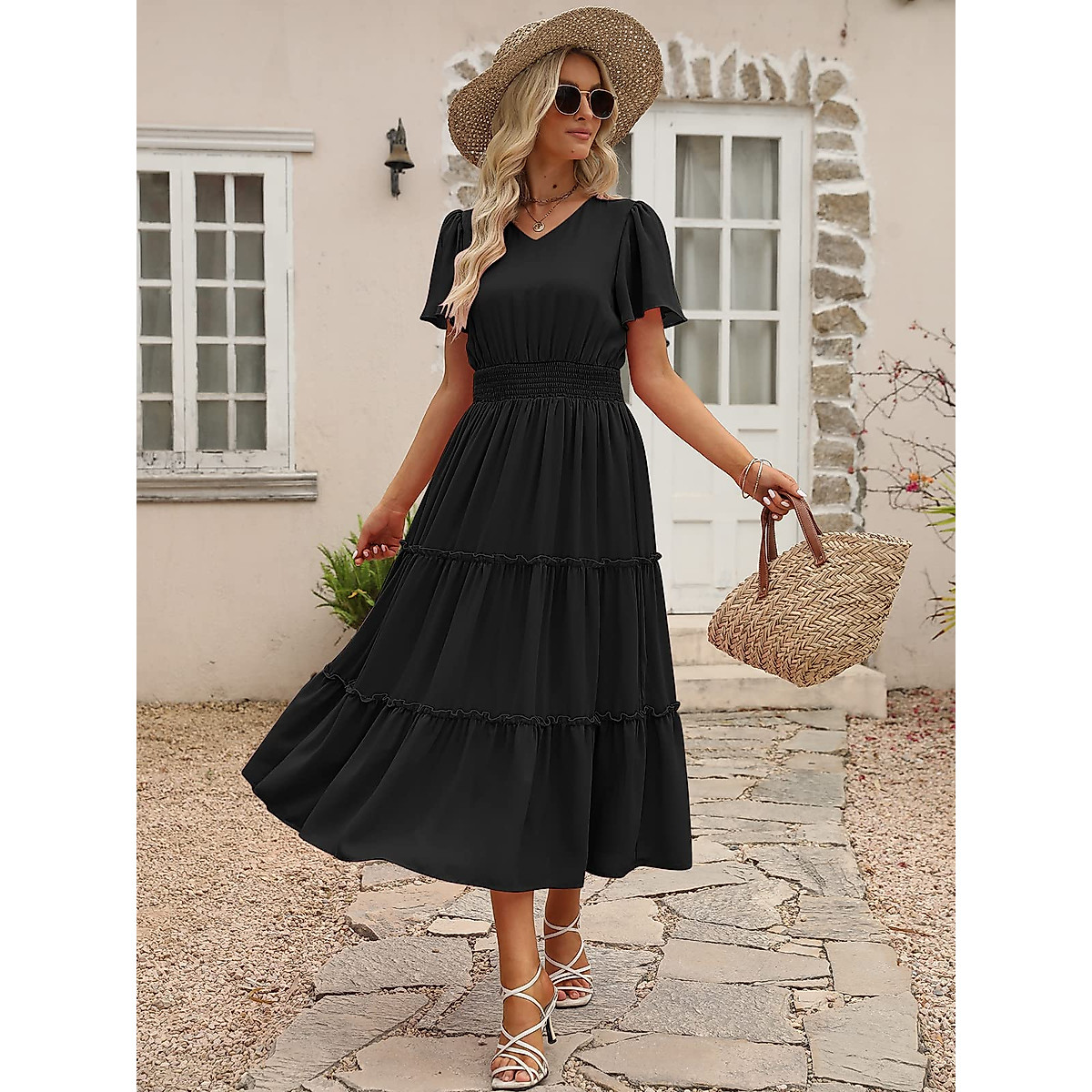 LILLUSORY Womens Cute Pleated Cotton Fancy Midi Dresses 2023 Summer Little Black Ladies Elegant Linen Curvy Short Ruffle Sleeves Flowy Tiered Long Maxi Dress