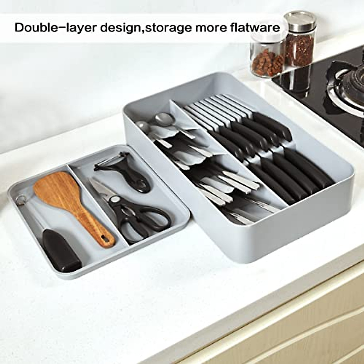 RYOOJNM Kitchen Silverware Organizer,Expandable Double Layer Knife Drawer Organizer,Compact Utensil Organizer for Partition kitchen Gadgets - Holds 9 Knives/24 Forks