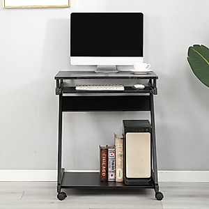 soges Small Rolling Computer Desk, Z Shape Laptop Desk Cart on Wheels, Mobile Computer Workstation for Home and Office with Keyboard Tray, Black