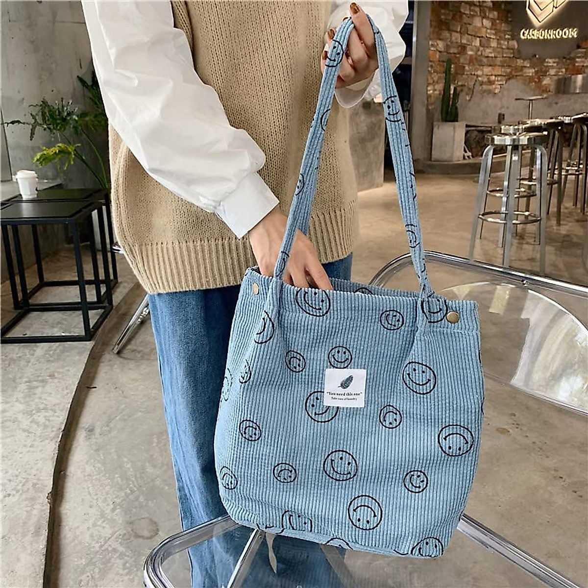 vfdgsaz Trendy Corduroy Tote Bag Cute Aesthetic Tote Bags Girls Fashion School Lunch Tote Bags (Blue)