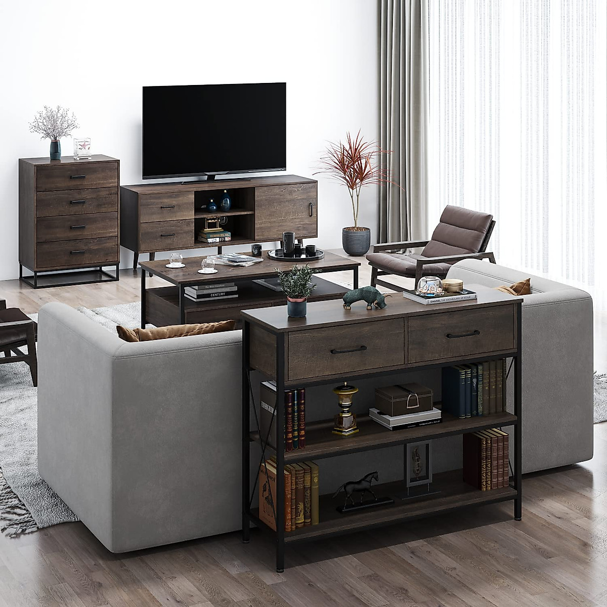 HITHOS Industrial Console Table with Drawers, Vintage Hallway Foyer Table with Storage Shelves, Narrow Long Sofa Entryway Table for Living Room, Dark Brown