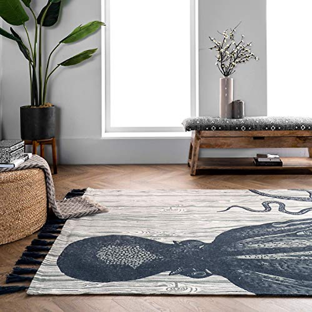 nuLOOM Thomas Paul Printed Octopus Over Board Tassel Area Rug, 5' x 8', Ivory