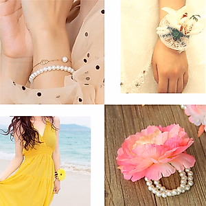 YOKOKE Elastic Pearl Wrist Bands Wristlets Corsage Accessories Bracelet for Wedding Prom Flowers (12Pcs White Pearl Wristbands)