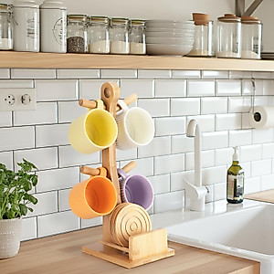 E-ROOM TREND Bamboo Mug Holder with Coasters 4 Pcs, Coffee Mug Tree for Large Mugs with 4 Hooks Stand for Countertop Coffee Bar Accessories Decor Coffee Organizer Station(MHC400)