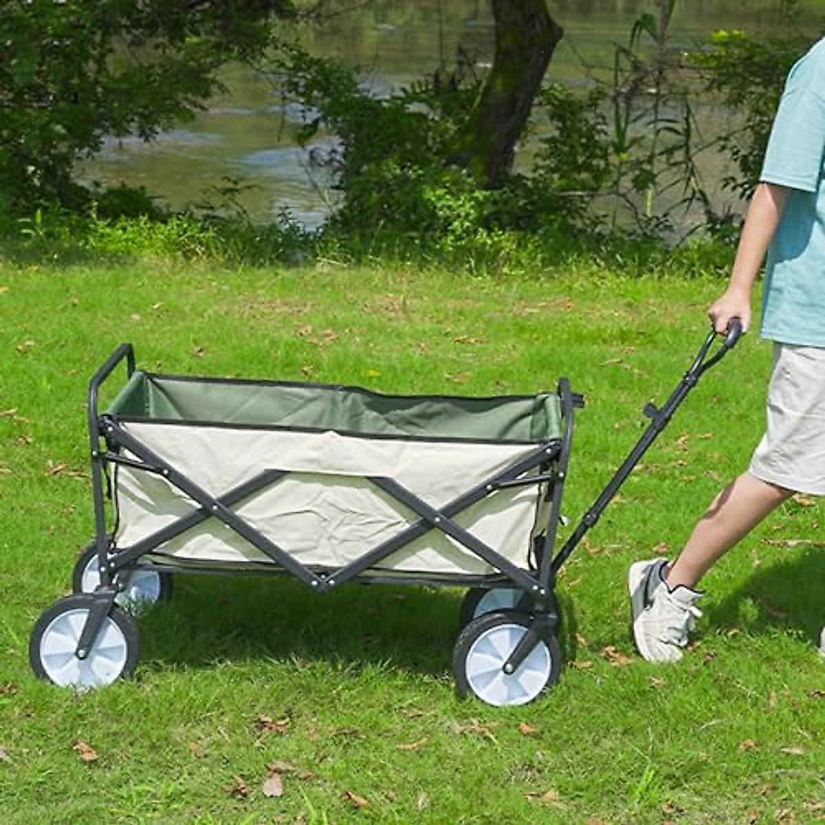 DECORN Collapsible Folding Wagon Garden Cart Beach Wagon Grocery Wagon All-Terrain Wheels Garden Grocery Wagon with Table Plate & 220 LB Capacity for Sports Outdoor Camping Fishing,White