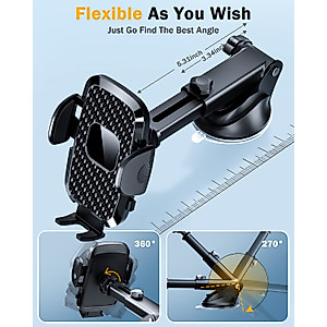 windshield phone mount for car [Military-Grade Suction],Car Phone Holder Mount Windshield Air Vent Long Arm Strong Suction Universal Cell Phone Holder Car for iPhone 14 13 12 Pro Max All Mobile Phones