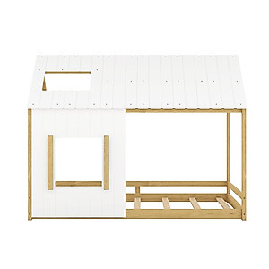 Bellemave House Bed Full Size Montessori Style Floor Bed Frame Wood Kids Cabin Beds Fun Playhouse Bed with Roof and Window for Girls Boys Teens, White with Natural