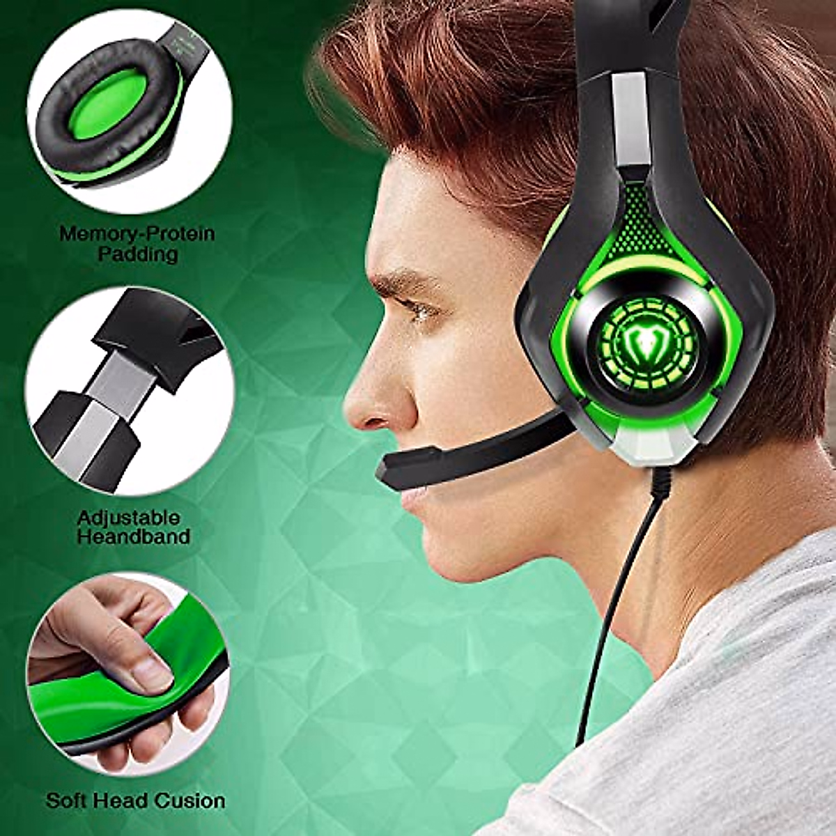 BlueFire Stereo Gaming Headset for Playstation 4 PS4 PS5, Over-Ear Headphones with Mic and LED Lights for Xbox One, PC, Laptop(Green)