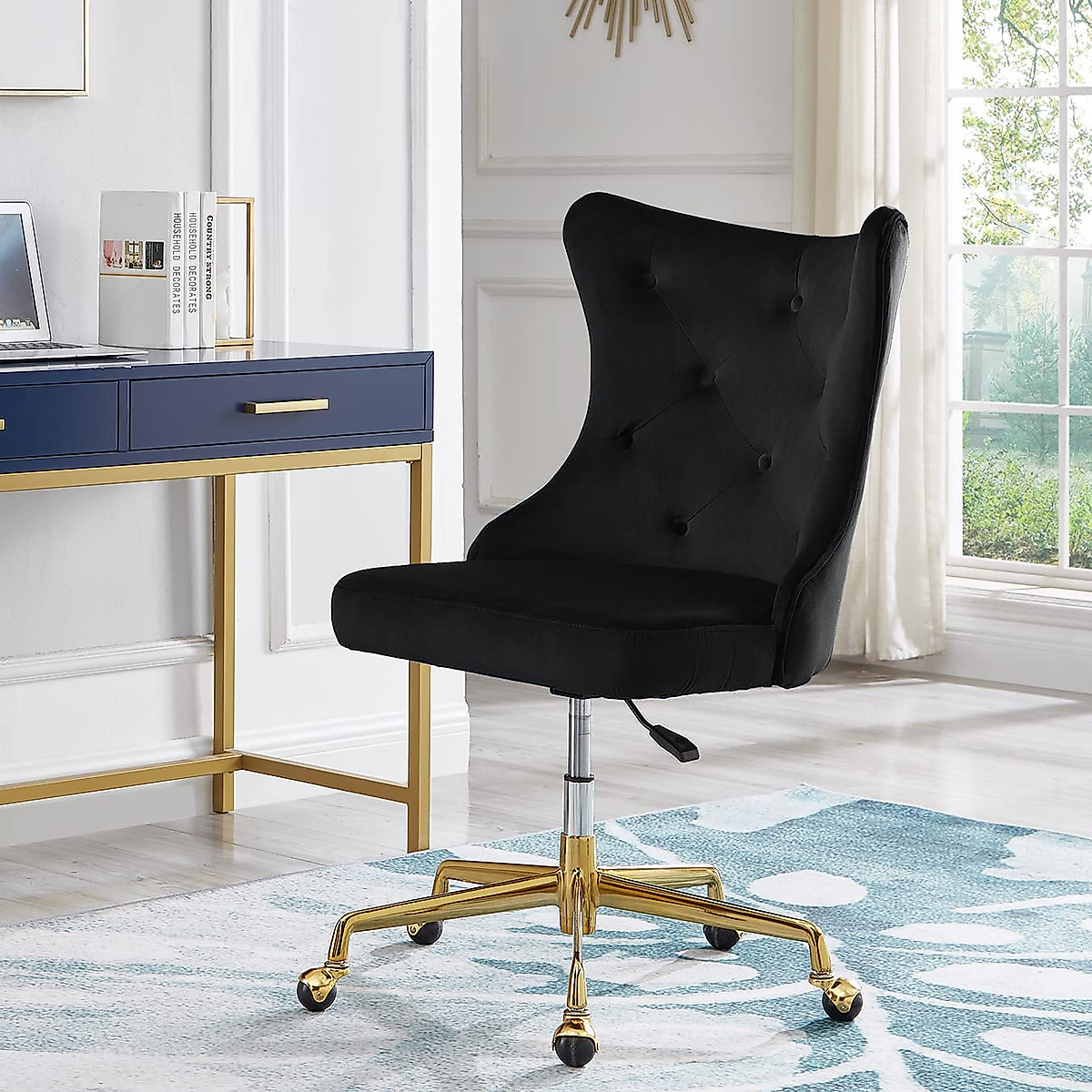 24KF Upholstered Tufted Button Velvet Office Chair with Golden Metal Base,Adjustable Height Swivel Office Chair -Black