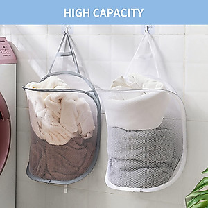 Pop-up Hanging Laundry Hamper Small Mesh Laundry Basket 2 Pack Foldable Hamper Collapsible Wall Mounted Storage Bag, Back to School Supply Grey & White