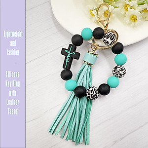 SHINYHARBOR Keychain Bracelet Silicone Key Ring Wristlet with Leather Tassel Wrist Key Ring Bangle Silicone Bead keyring for Women Girls Mom Gifts, Green