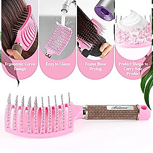 Hair Brush Set, Curved Vented Detangling Hair Brushes for Women Men Kids, Professional Vent Styling Brush for Wet Dry Curly Thick Straight Hair Fast Blow Drying Brush (Pink+ Black)
