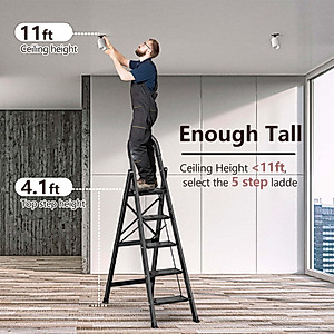 GameGem Lightweight Aluminum 5 Step Ladder Folding Step Stool with Convenient Handgrip Stepladders for 10 Foot High Ceiling with Anti-Slip and Wide Pedal for Home Use Space Saving - Brown Gold