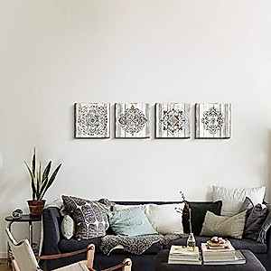 Kas Home Mandala Pattern Room Decor Boho Canvas Wall Art Prints Framed Pictures 4 Pieces Artwork for Living Room Bedroom Bathroom Kitchen Office Home Decoration (14 x 14 x 4, Black)