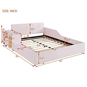 Merax Full Size Upholstered Grounded Bed, Mother & Child Bed with Bedside Desk and Little Round Stool, Velvet, Pink