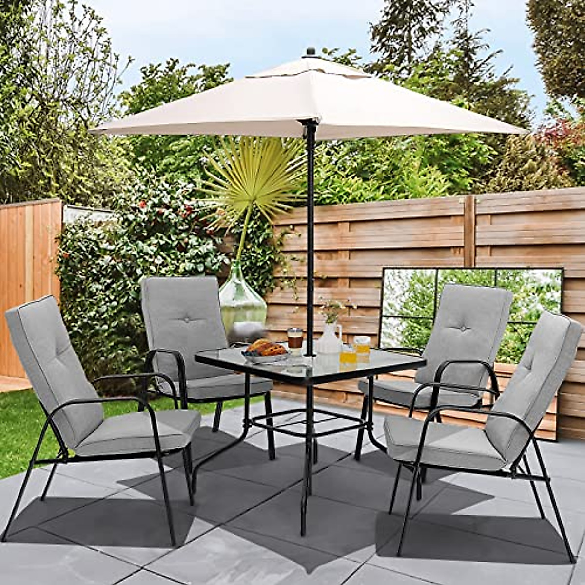 Tangkula 5 Piece Patio Dining Set, Outdoor 35 Inches Square Tempered Glass Table with 1.65 Inches Umbrella Hole and 4 Stackable Dining Cushioned Chairs, Suitable for Poolside, Backyard, Garden