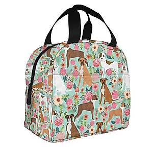 wzialfpo Boxer Dog Flowers Florals Lunch Box Tote Lunch Bag Insulated Portable Meal Bag Handbags For Adults Women Men Teens Suitable Work Picnic