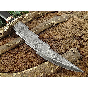 15 Inches long Damascus Steel Hunting Knife, 10" long custom made Hand Forged Damascus steel zig zag blade, Bull horn with engraved brass scale and finger guard, Cow hide Leather Sheath with belt loop