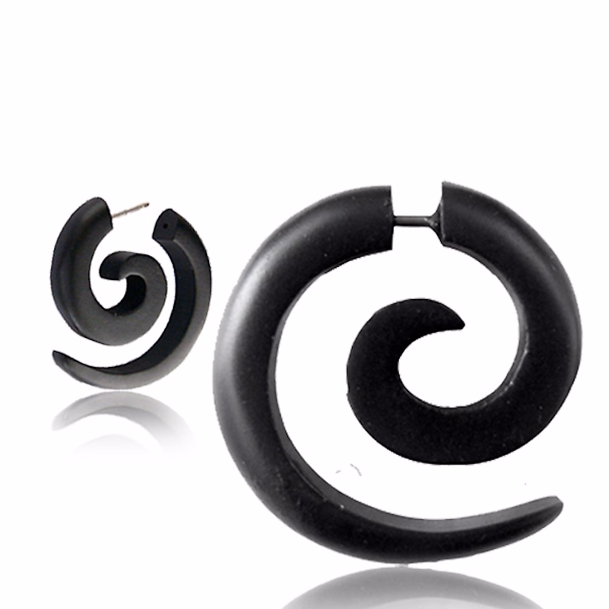 Earth Accessories Spiral Fake Gauges for Women or Men - Faux Gauge Earrings with Organic Wood and Surgical Steel - Fake Plugs Sold as a Pair in Black