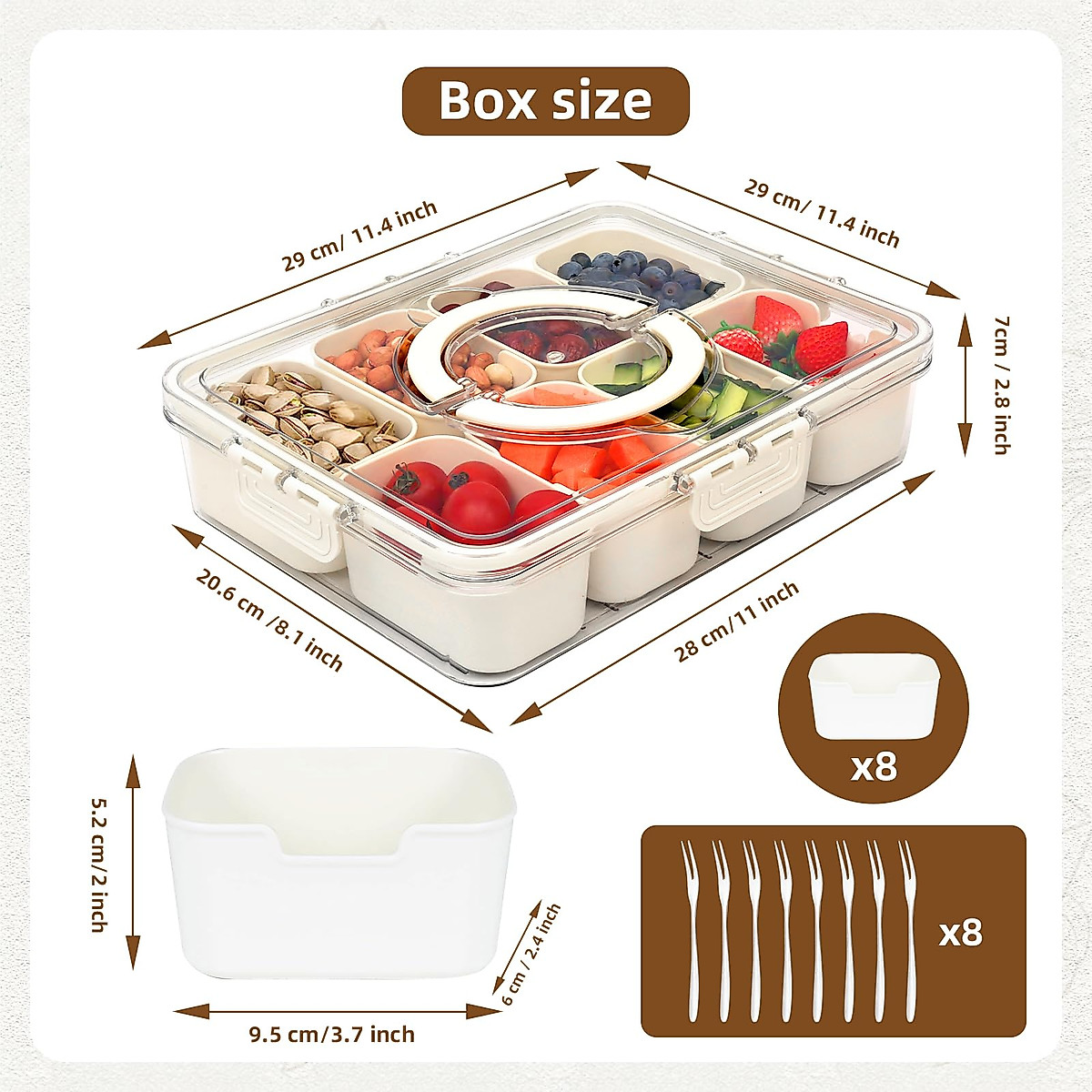Snackle Box Charcuterie Container- Divided Serving Tray with Lid and Handle- Clear Plastic Portable Snack Box with 8 Compartment for Fruit, Veggie, Candy, Nuts, Picnic, Travel, Entertaining, Party…