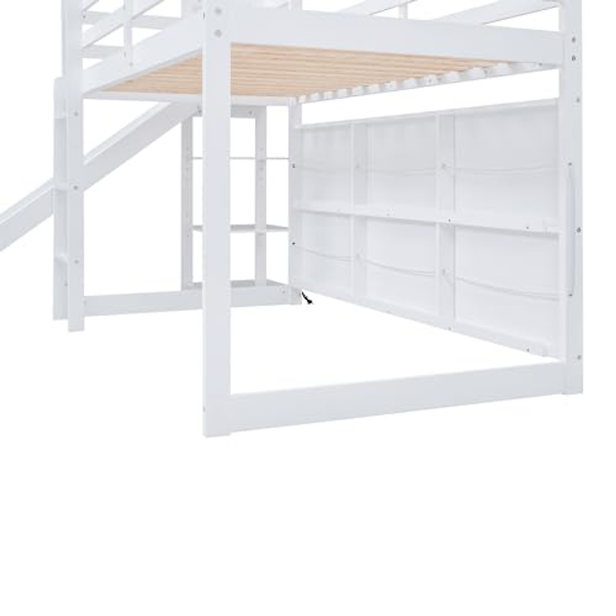 BOVZA Twin House Loft Bed with Slide, Storage Shelves and LED Light, Wood Twin Low Loft Bed Frame with Roof and Ladder, Playhouse Loft Bed for Kids Boys Girls Teens, White