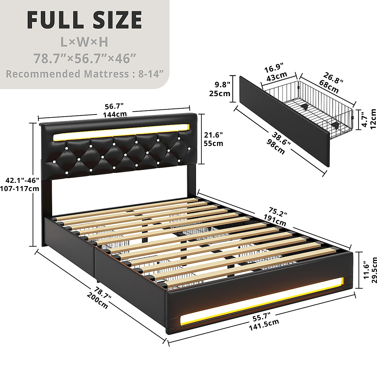 LIKIMIO Full Size Bed Frame with LED Light, PU Leather Platform Bed Frame with 4 Drawers, Adjustable Crystal Button Tufted Headboard, No Box Spring Needed, Black