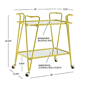Linon Gina Yellow Mid Century Bar Cart with Mirrored Shelves
