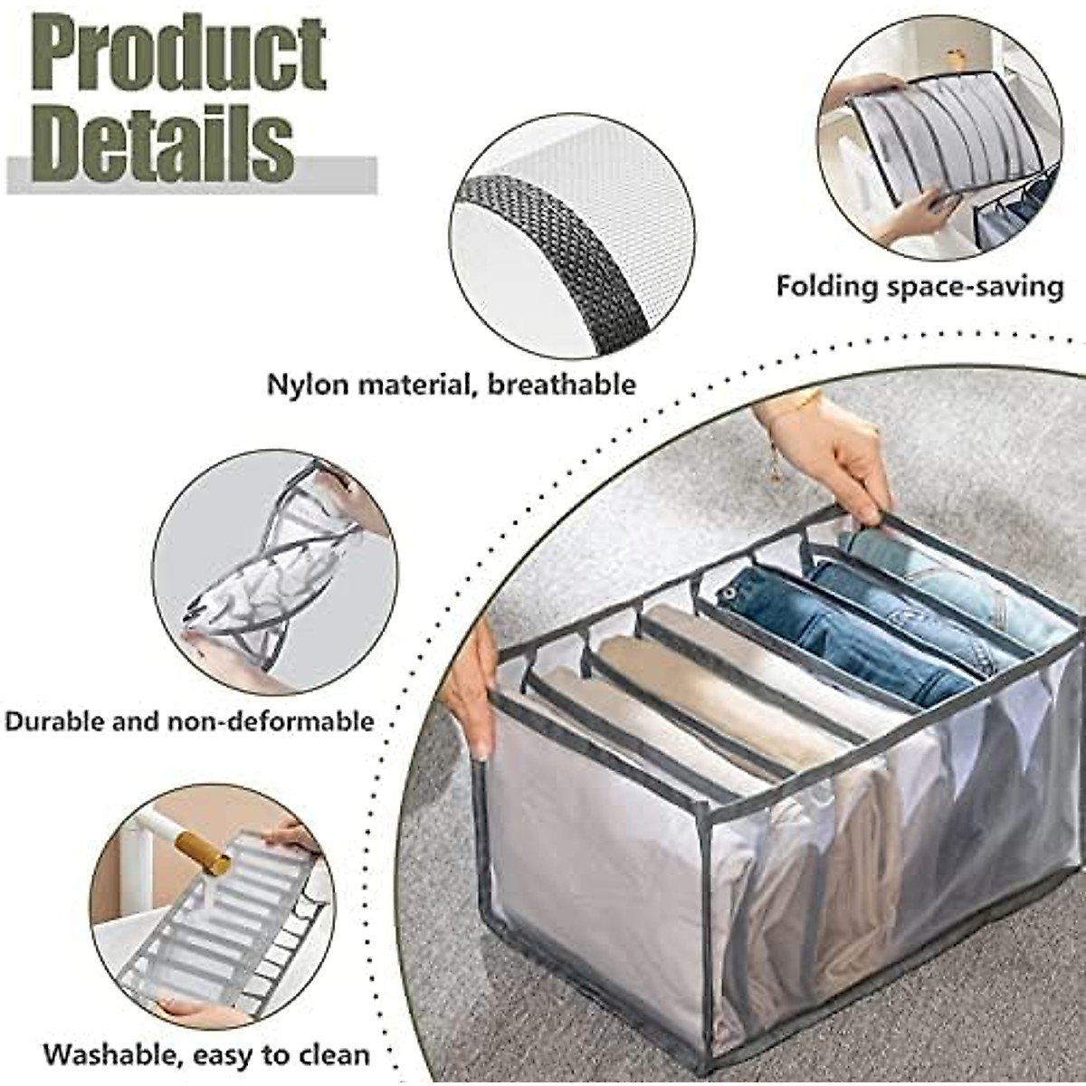 DacDark Wardrobe Clothes Organizer, 7 Grids Jeans Compartment Storage Box Closet, Folding Drawer For Clothing Mesh Separation, Transparent Divider For Stacking Pants Organizer Leggings