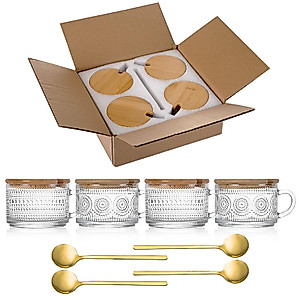 Scoozee Vintage Glass Coffee Mugs (4Pcs, 14oz), Overnight Oats Containers with Lids and Spoons, Clear Embossed Glass Cups | Coffee Bar Accessories, Gifts for Women, White Elephant Gifts