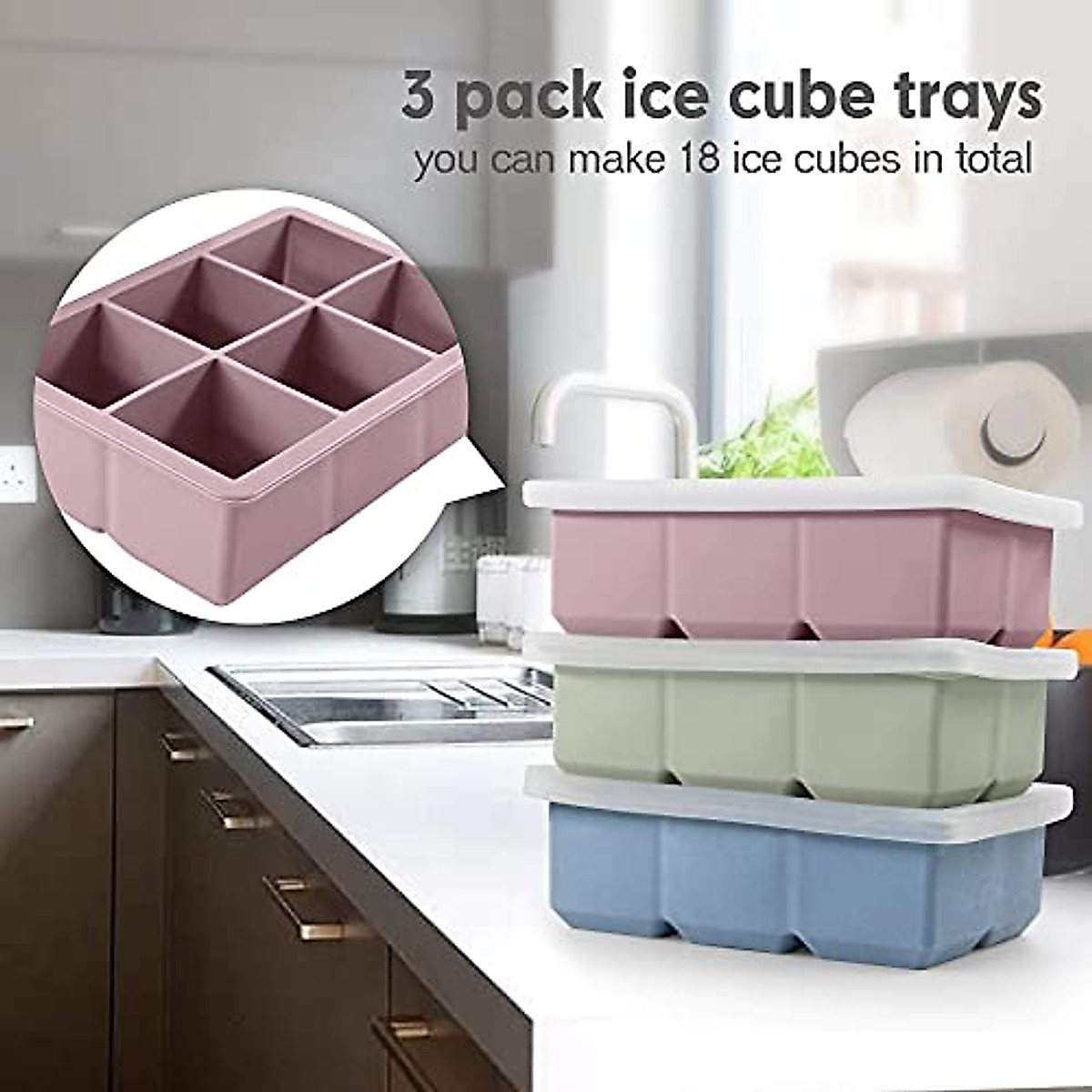 Excnorm Ice Cube Trays 3 Pack - Large Size Silicone Ice Cube Molds with Removable Lids Reusable and BPA Free for Whiskey, Cocktail, Stackable Flexible Safe Ice