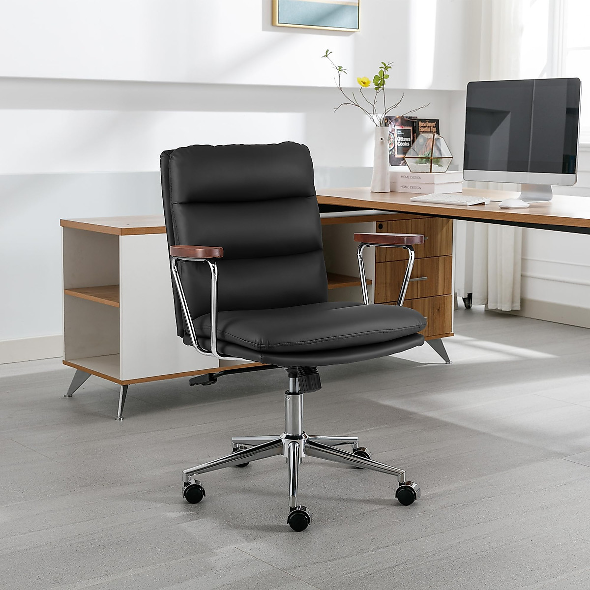 Okeysen Leather Office Chair, Modern Desk Chair with Removable Wooden Armrests, Ergonomic Mid-Back Conference Room Chairs with Wheels, Adjustable Swivel Rolling Chair for Home Office.