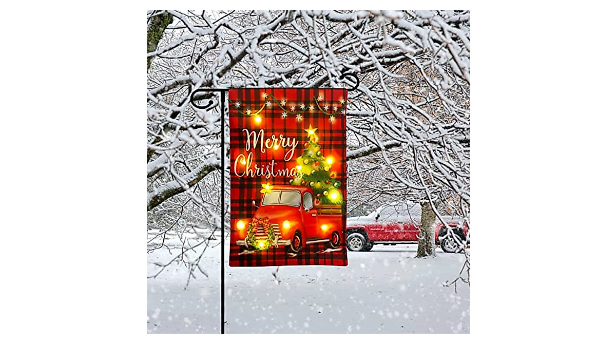Lighted Christmas Flag - Solar Red Truck Decoration