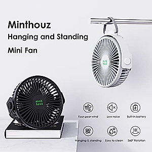 Minthouz Portable Camping Fan, 4000mAh Rechargeable Battery Operated Fan with Hook, 4-Speed USB Fan with Hanging Rope, 360° Adjustable Personal Fan for Desktop Tent Treadmill RV Golf Cart