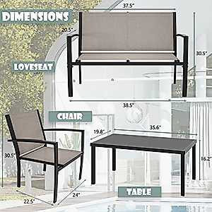 Greesum GS-LCT4PCSBG 4 Pieces Patio Furniture Set Outdoor Conversation Textilene Fabric Chairs for Lawn, Garden, Balcony, Poolside with A Glass Coffee Table, Beige