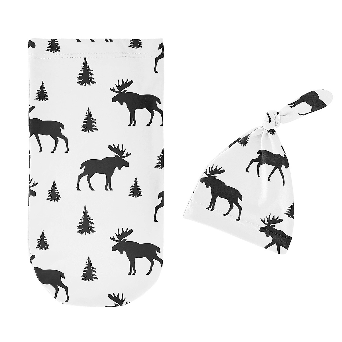 Sweet Jojo Designs Woodland Moose Baby Boy Cocoon and Beanie Hat 2pc Set Jersey Stretch Knit Sleeping Bag for Infant Newborn Nursery Sleep Wrap Sack - Black and White Forest Animal Rustic Patch
